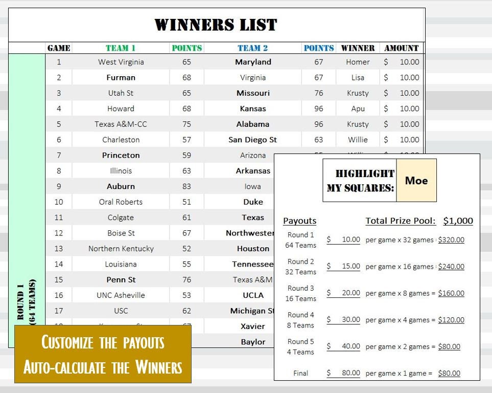 March Bracket Madness, Tourney Squares Excel Template, Automatic ...