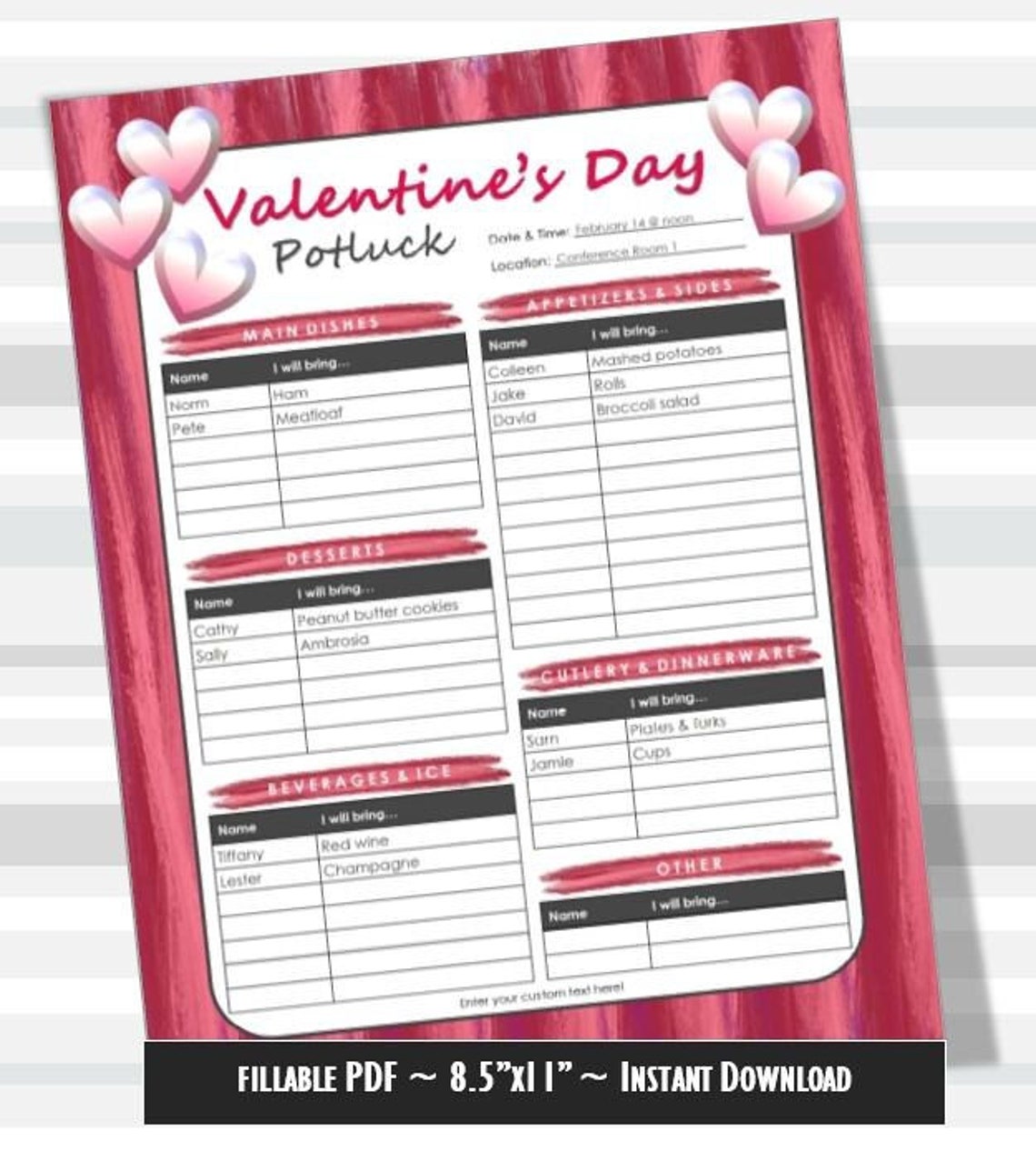 Valentine's Day Printable Potluck Sign-up Sheet, 8.5x11 Fillable PDF ...