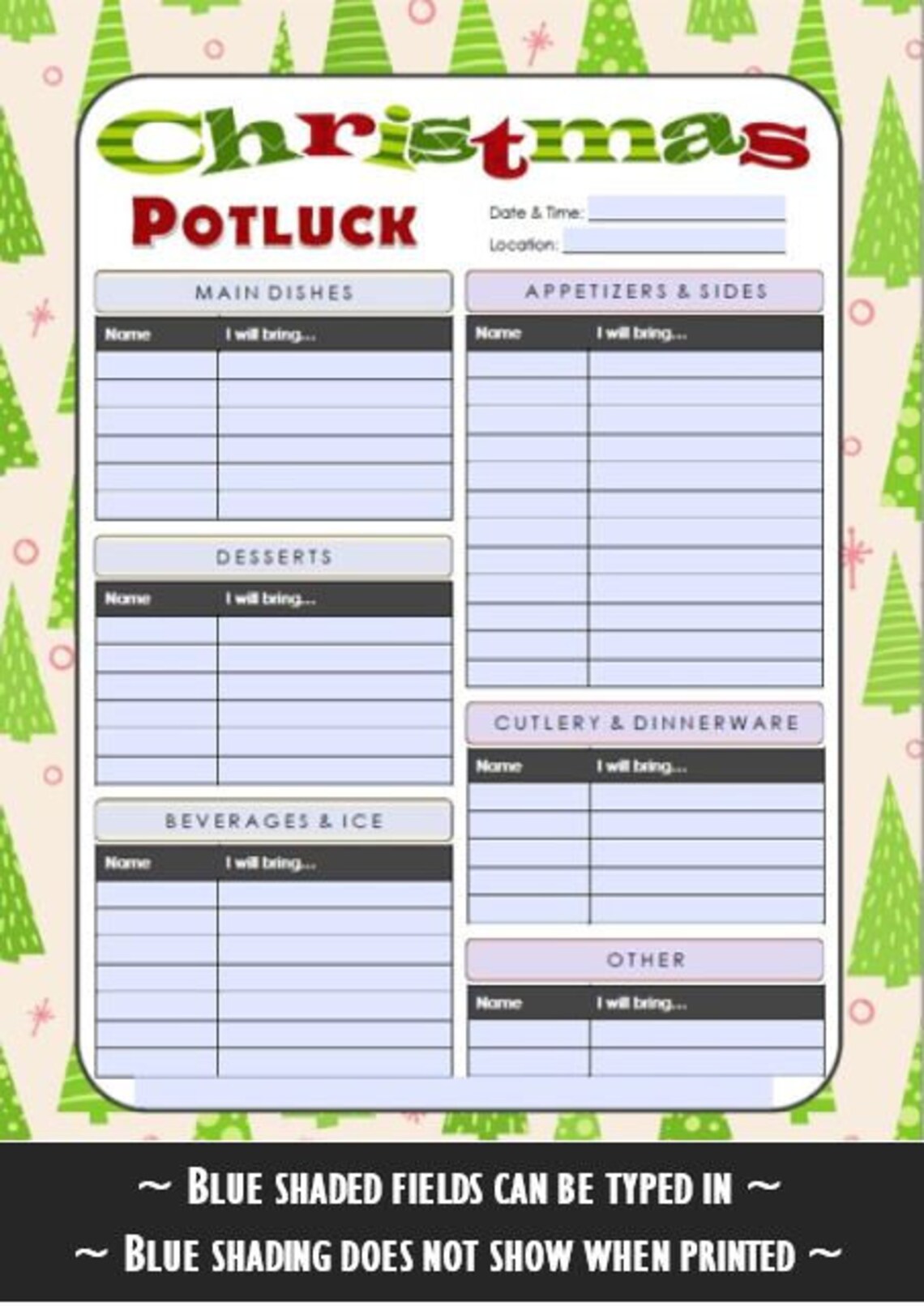 Christmas Trees Printable Potluck Sign-up Sheet, 8.5x11 Fillable PDF ...