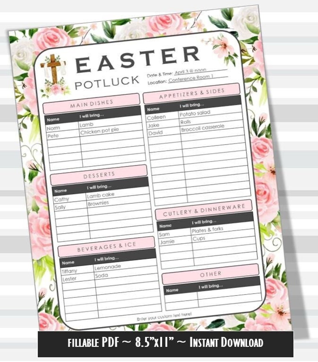 Easter Sunday Printable Potluck Sign-up Sheet, 8.5x11 Fillable PDF ...