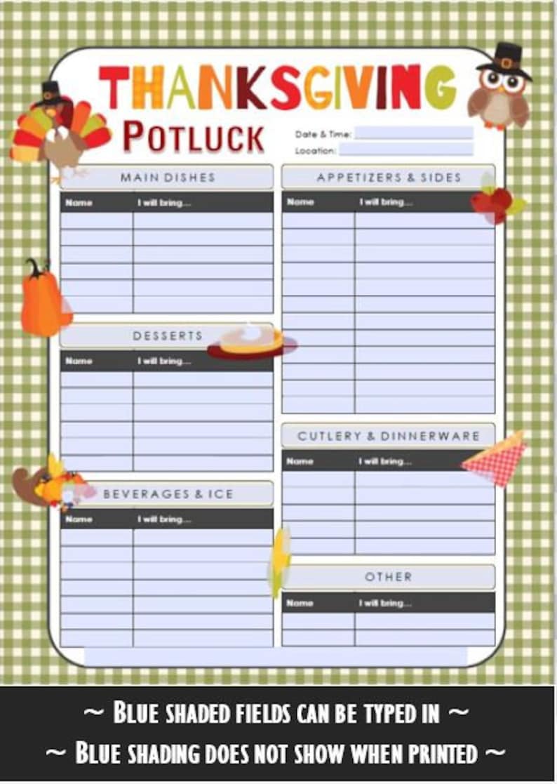 Thanksgiving Printable Potluck Sign-up Sheet, 8.5x11 Fillable PDF ...