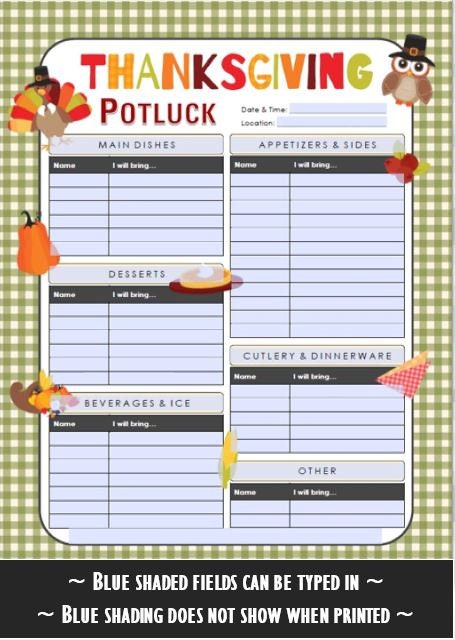Thanksgiving Printable Potluck Sign-up Sheet, 8.5x11 Fillable PDF ...