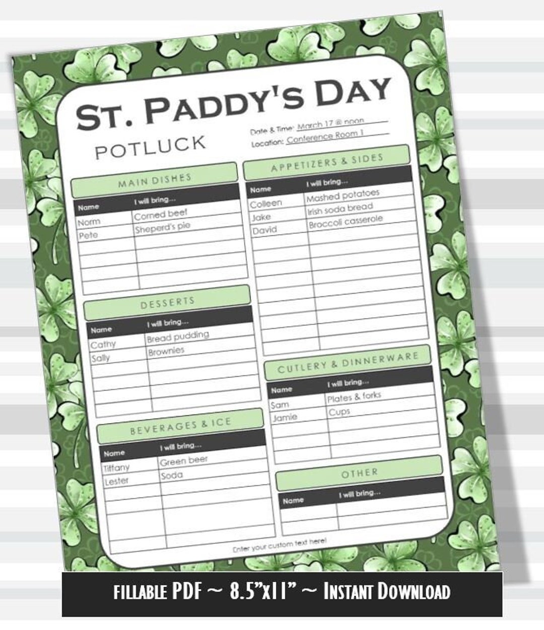 St. Patrick's Day Printable Potluck Sign-up Sheet, 8.5x11 Fillable PDF ...