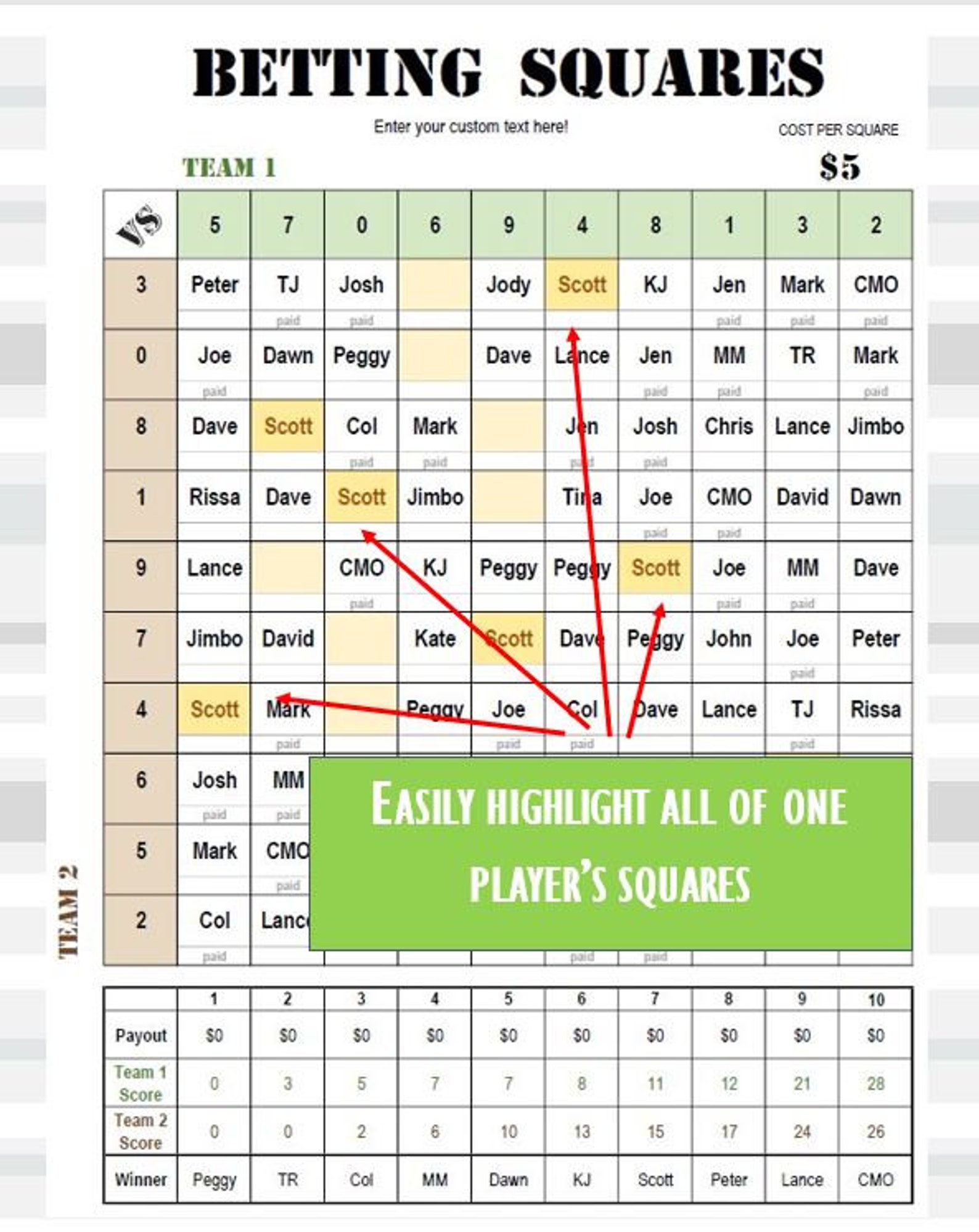 Betting Squares Excel Template (100 Squares), Reusable, Editable ...