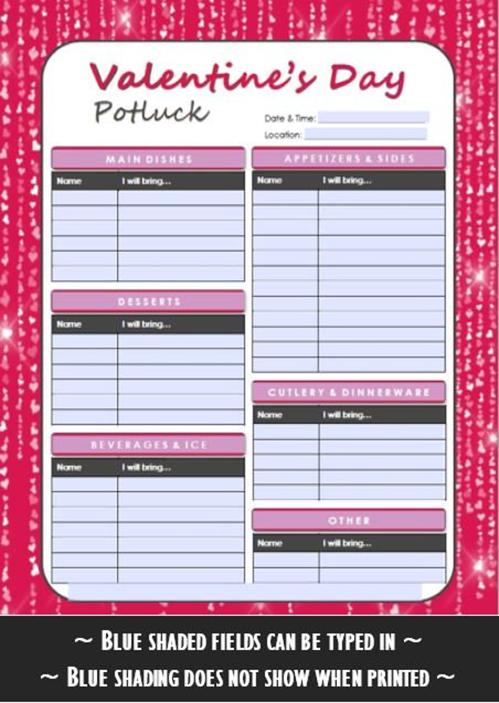 Valentine's Day Printable Potluck Sign-up Sheet, 8.5x11 Fillable PDF ...