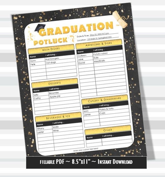 Graduation Printable Potluck Sign-up Sheet 8.5x11 Fillable | Etsy