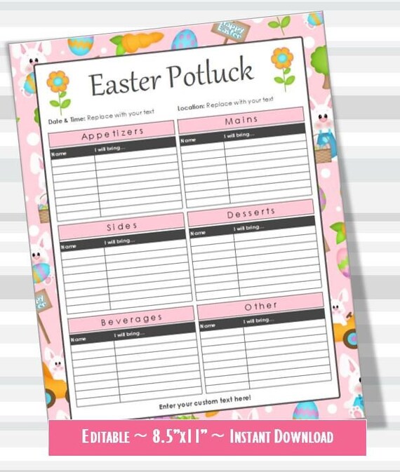Easter Printable Potluck Sign-up Sheet EDITABLE Microsoft | Etsy
