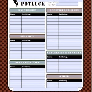 Football Sunday Printable Potluck Sign-up Sheet, the Super Big Game, 8 ...
