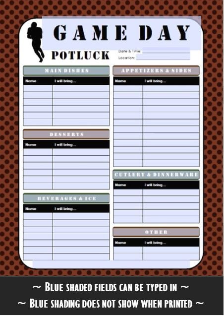 Football Sunday Printable Potluck Sign-up Sheet, the Super Big Game, 8 ...