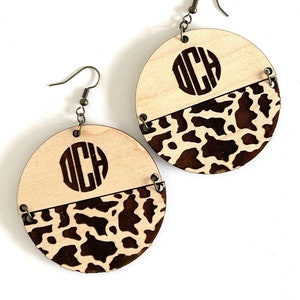 Monogrammed Wood Earrings, Custom Cow Print Earrings, Cow Earrings ...