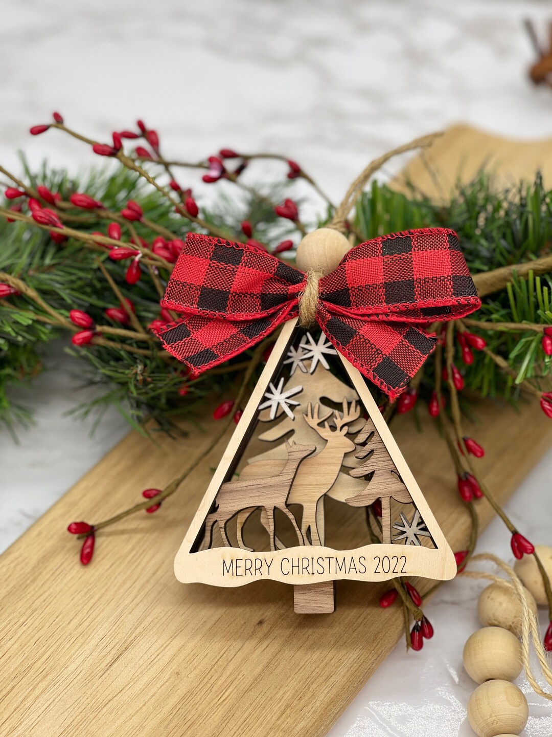 Wooden Deer Couple Ornament, Forest Animal Christmas Ornament ...