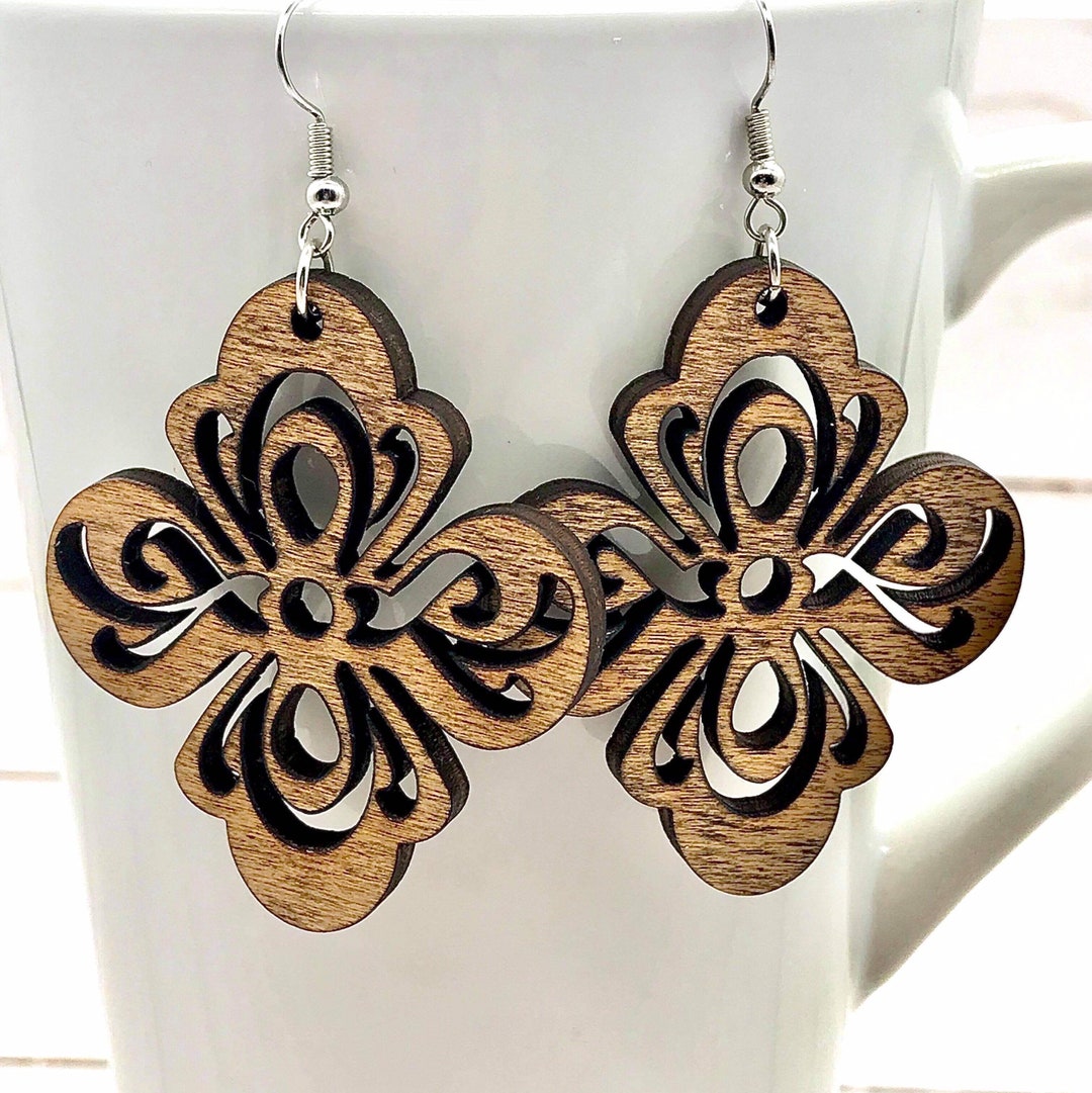Floral Wood Earrings, Vintage Inspired Wood Earrings, Laser Cut Wood ...
