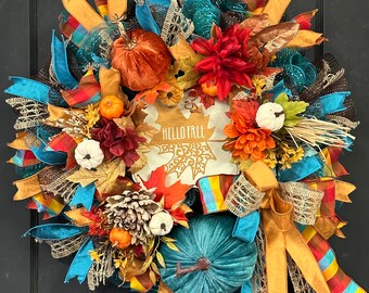 Round Metal Sublimated Wreath Sign, Hello Fall Teal and Orange Wreath ...
