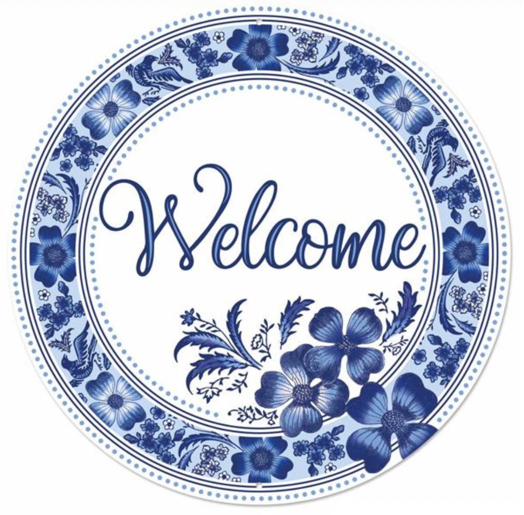 12" Dia Welcome Blue & White Floral Sign - Etsy