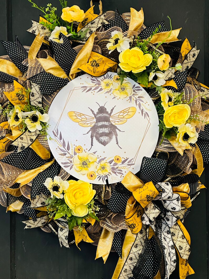 Bee Floral Welcome Deco Mesh Wreath - Etsy