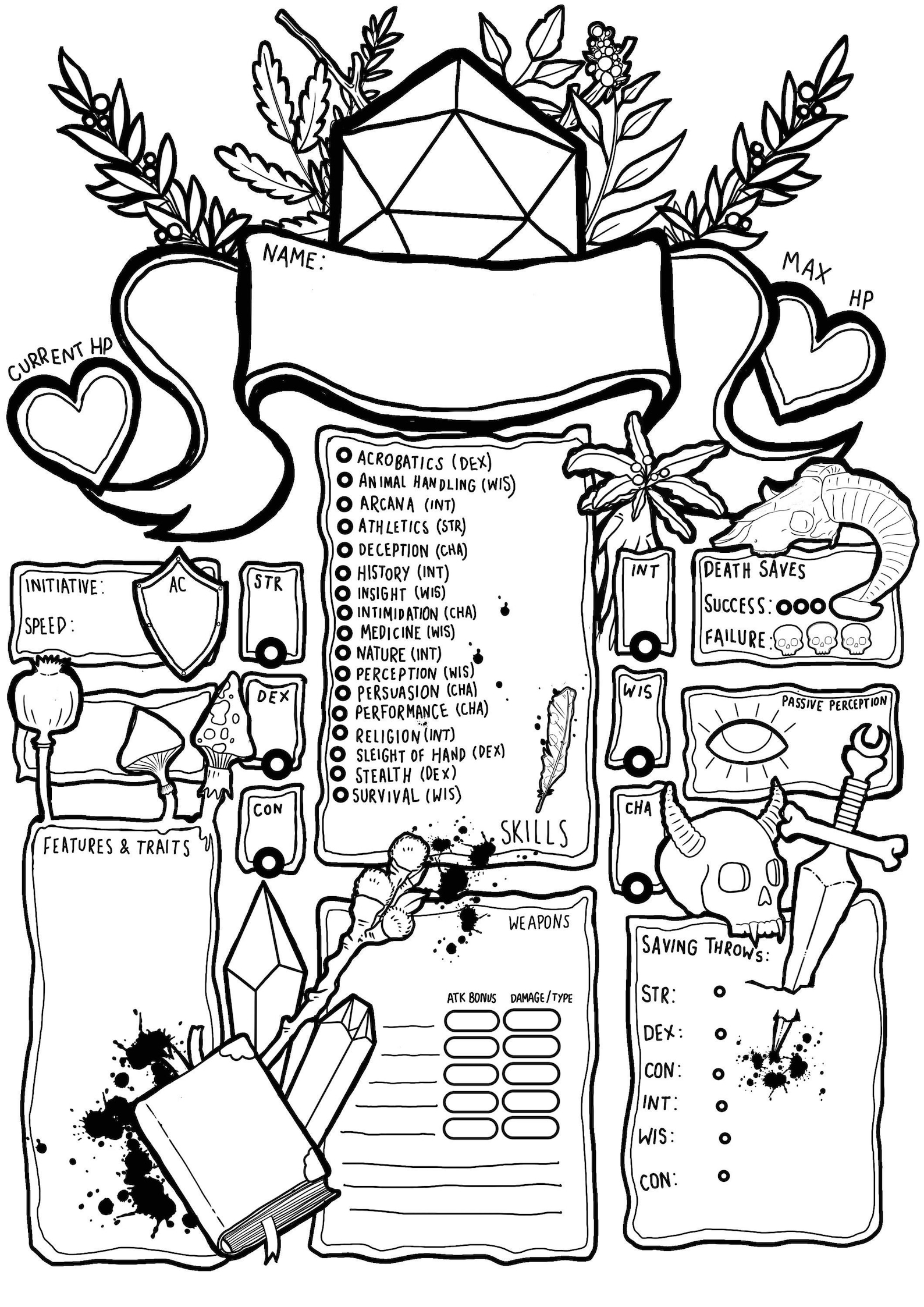 Dnd Illustrated Character Sheet - 5E - Etsy