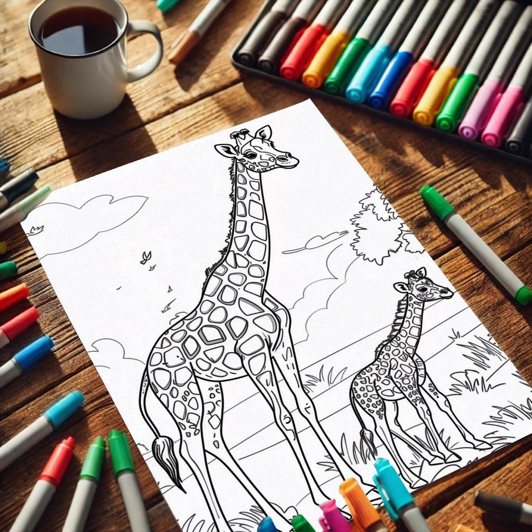 Adventure on Safari Giraffes Colouring Page for Children A4 PDF PNG - Etsy