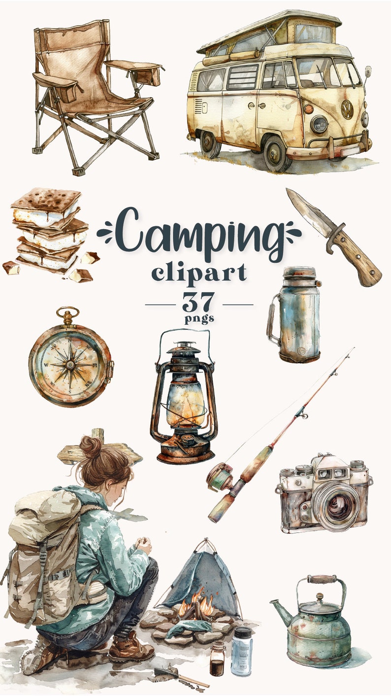 Watercolor Camping Clipart, Travel Clipart, Adventure, Summer Fall Winter Clipart, Commercial ...