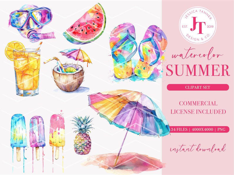 Summer Watercolor Clipart Bundle, 34 PNG Illustrations, Ice Cream ...