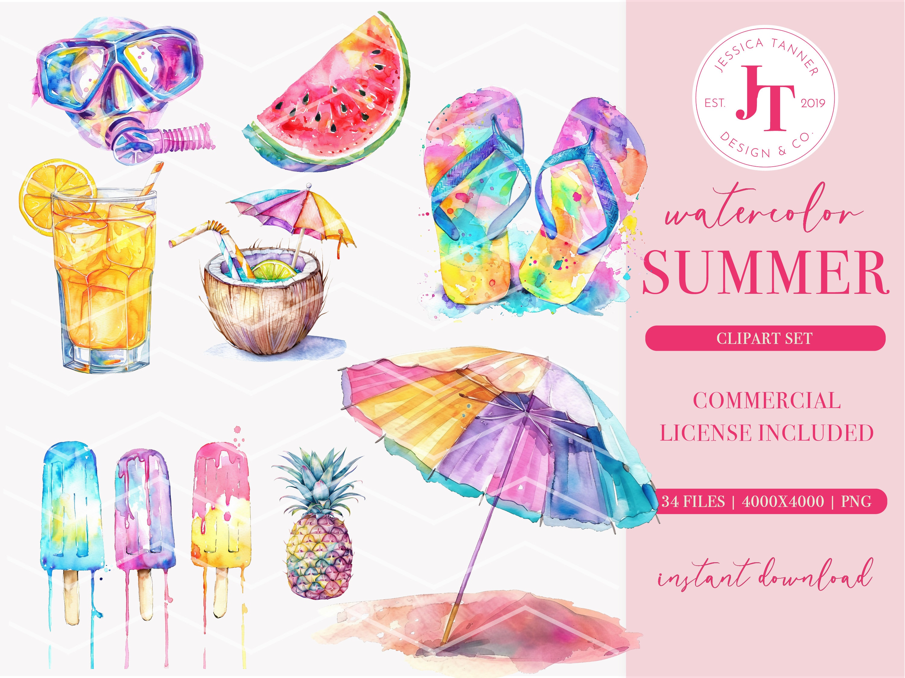 Summer Watercolor Clipart Bundle, 34 PNG Illustrations, Ice Cream ...