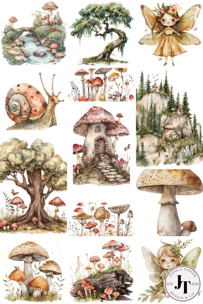 Fairy Garden Mushroom Watercolor Clipart, Enchanted Clipart, Magic ...