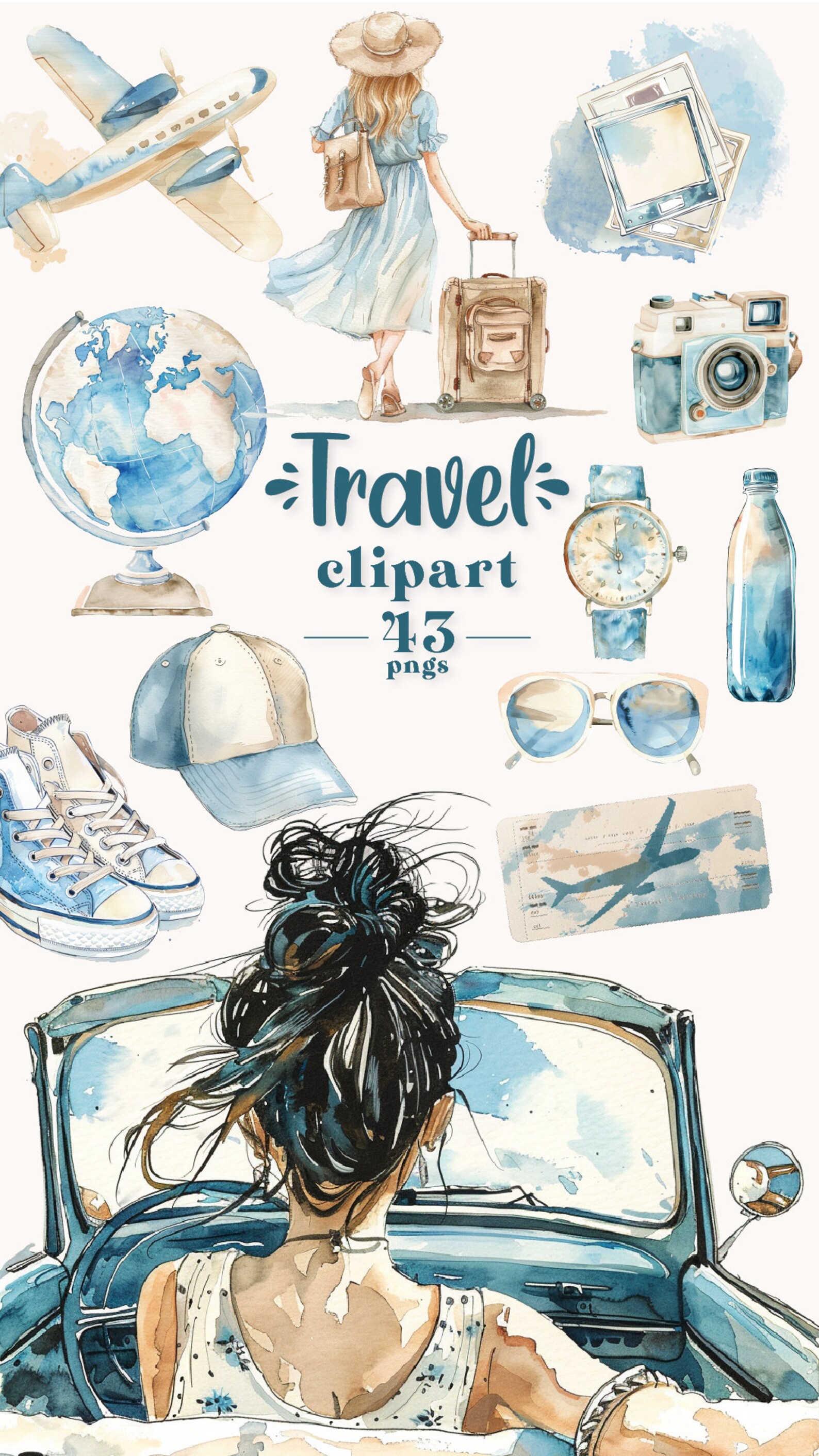 Blue Watercolor Travel Aesthetic Clipart, Girly Travel Around the World ...