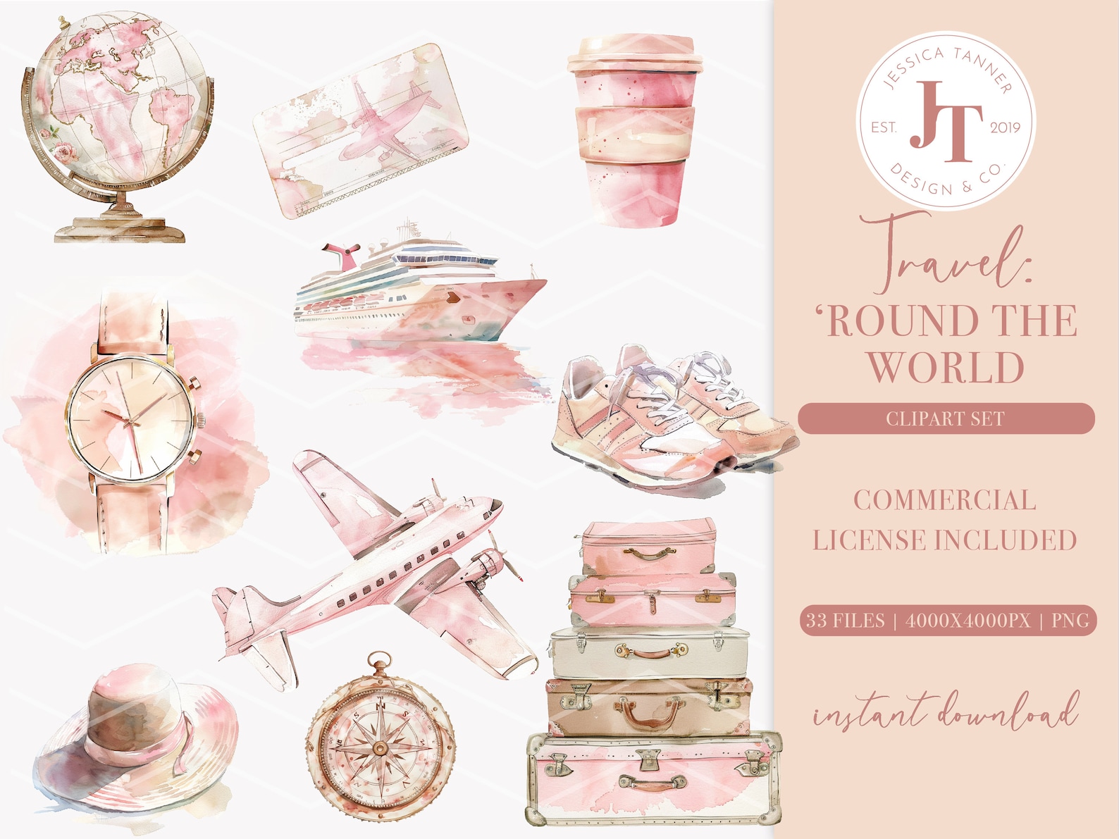 Pink Watercolor Travel Aesthetic Clipart, Girly Travel Around the World ...