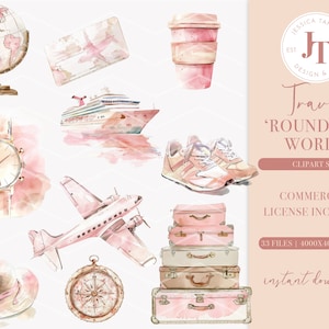 Pink Watercolor Travel Aesthetic Clipart, Girly Travel Around the World ...