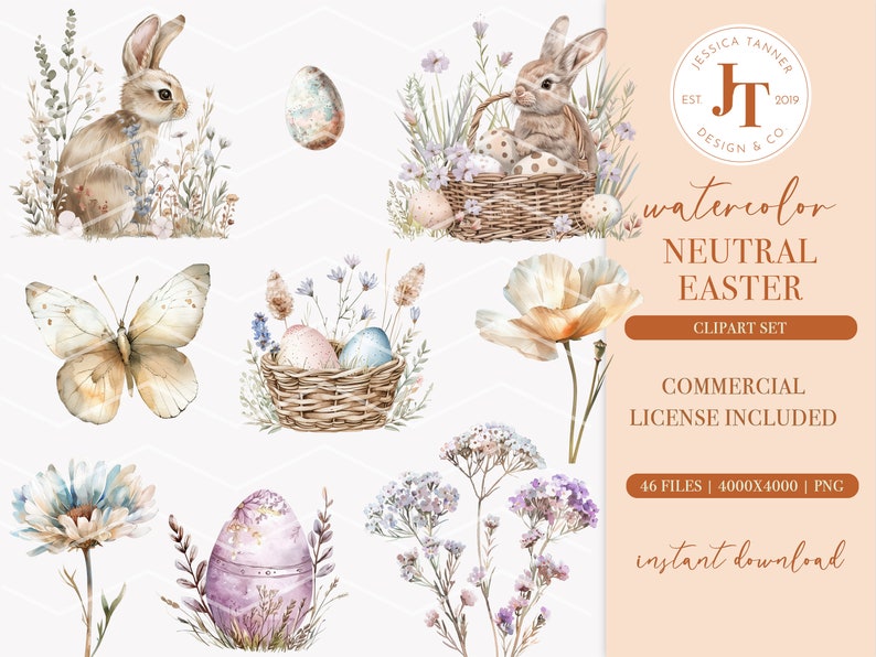 Easter Watercolor Clipart Set - Neutral Easter Clipart, Adorable Easter ...