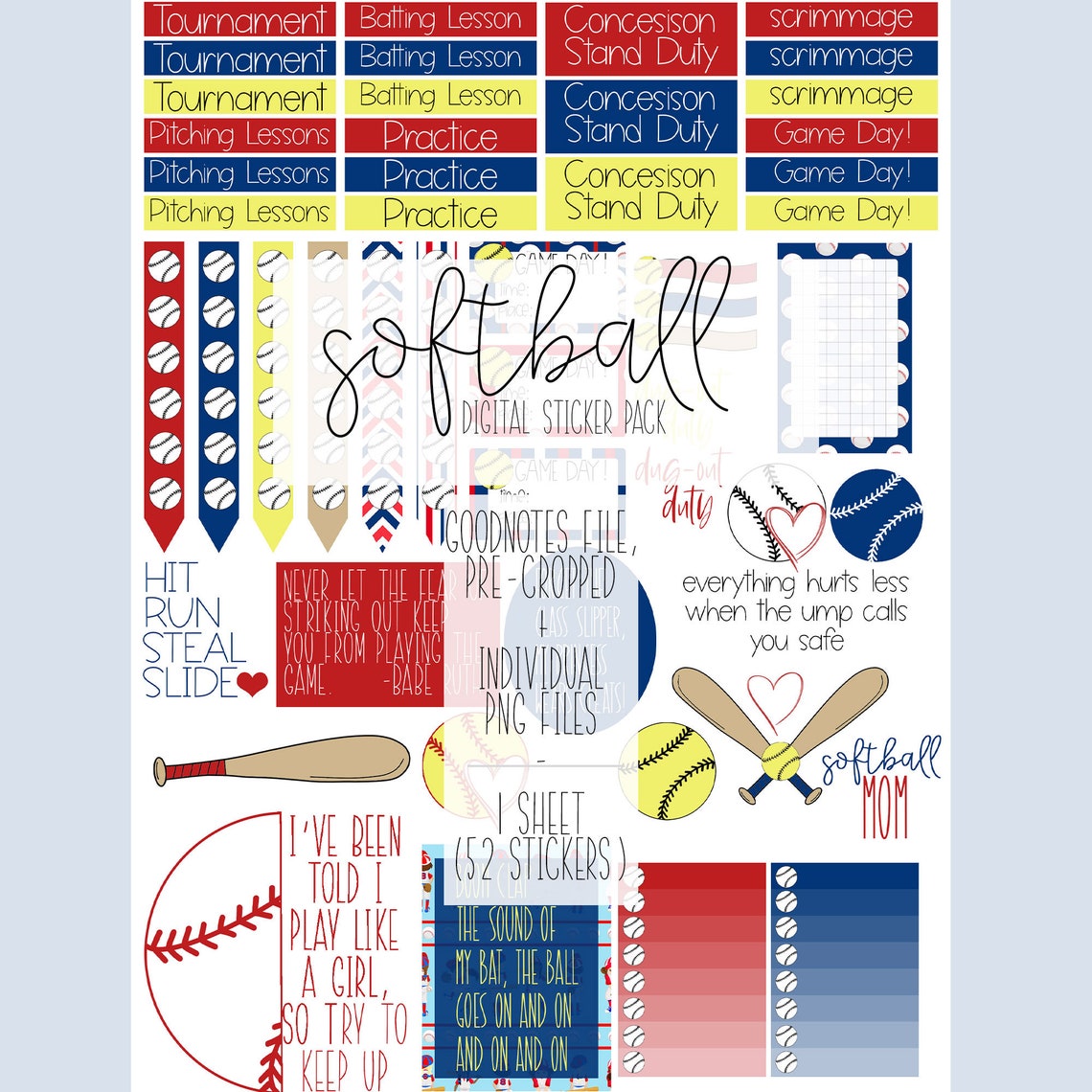 Softball Digital Planner Stickers | 52 Stickers | Pre-cropped Goodnotes ...