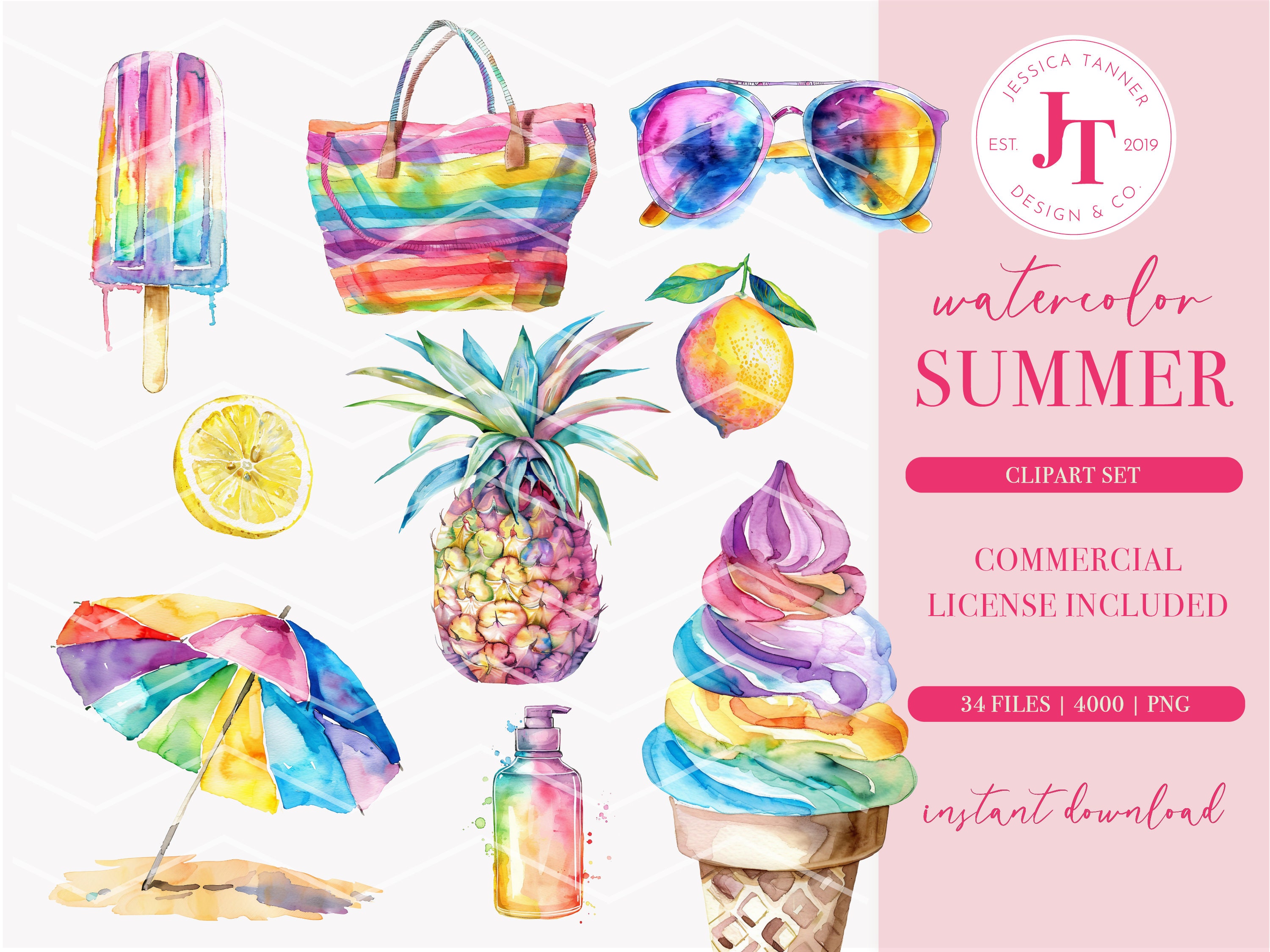 Summer Watercolor Clipart Bundle, 34 PNG Illustrations, Ice Cream ...
