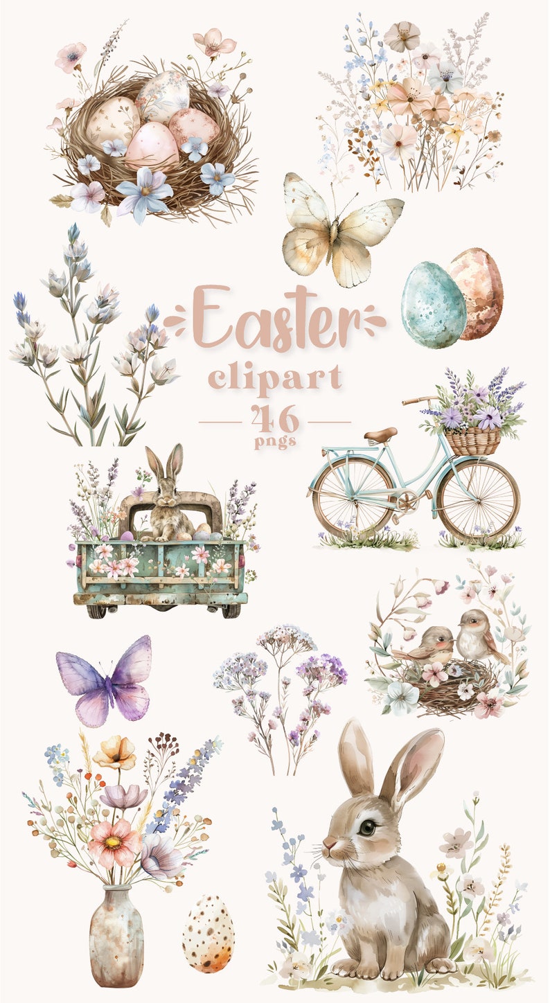 Easter Watercolor Clipart Set - Neutral Easter Clipart, Adorable Easter ...