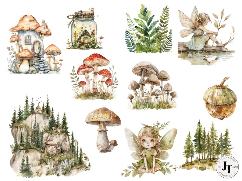 Fairy Garden Mushroom Watercolor Clipart, Enchanted Clipart, Magic ...