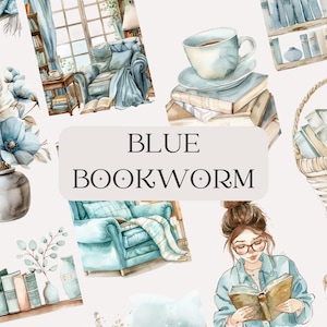 Booklover Clipart, Watercolor Bookworm, Book PNG, Blue Book Clipart ...