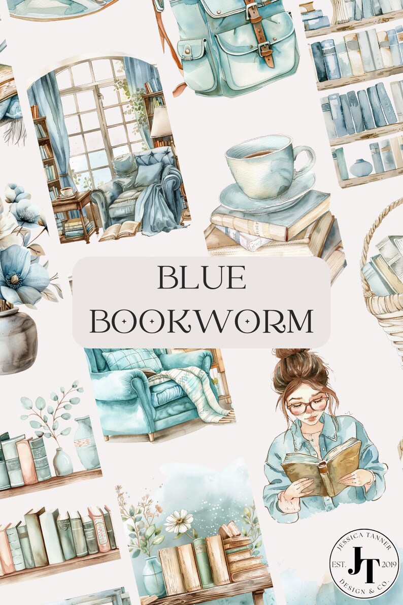Booklover Clipart, Watercolor Bookworm, Book PNG, Blue Book Clipart ...