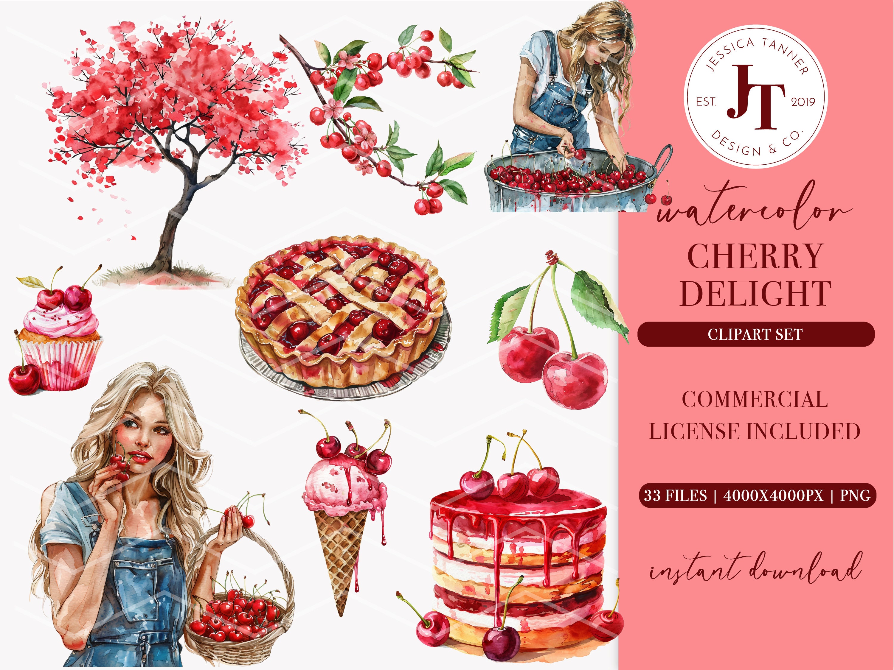 Cute Cherry Clipart Set for Personal and Commercial Use, Watercolor ...