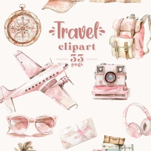 Pink Watercolor Travel Aesthetic Clipart, Girly Travel Around the World ...