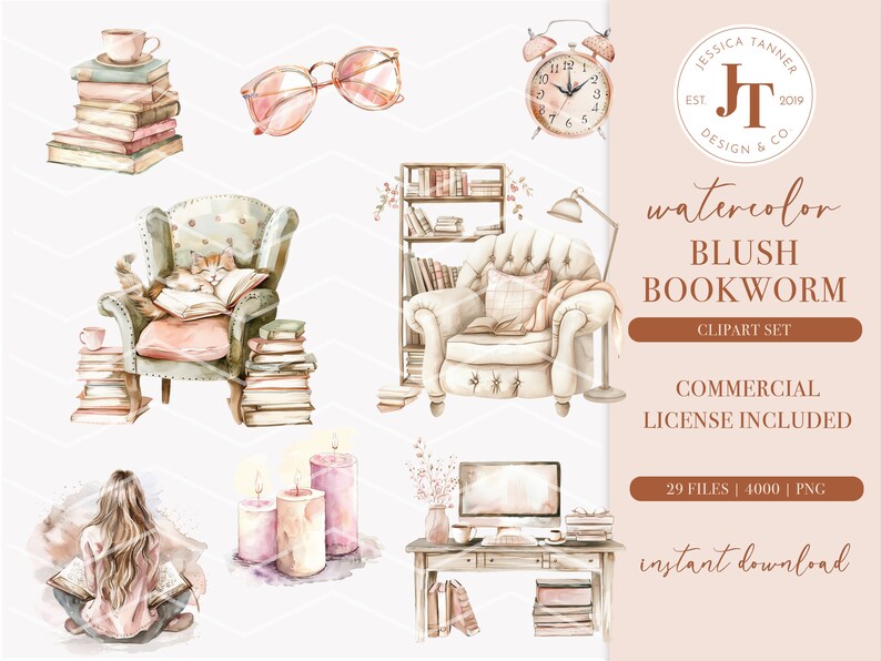 Booklover Clipart, Watercolor Bookworm Clipart, Book PNG, Blush ...