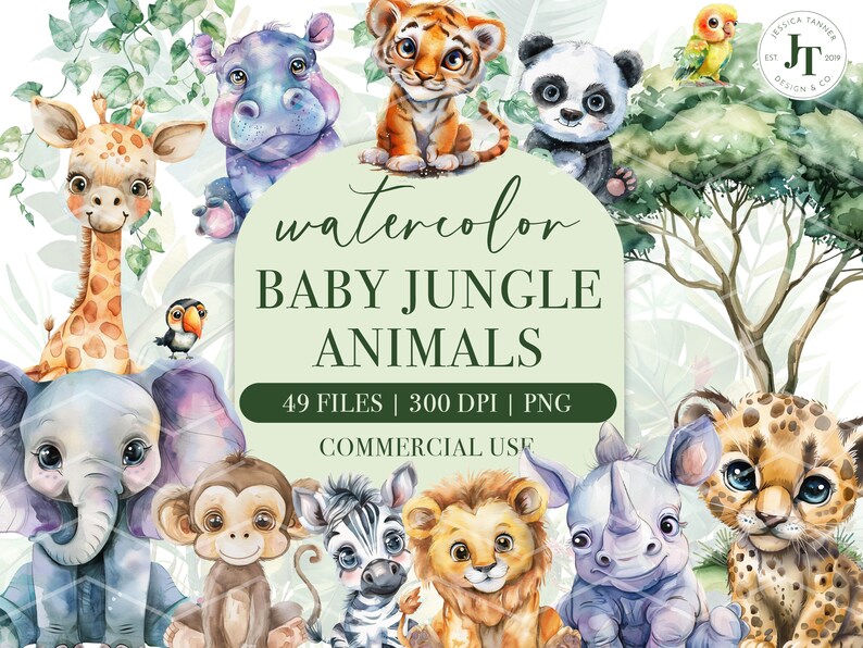 Adorable Baby Jungle Animals Clipart Set, Pastel Watercolor Graphics ...