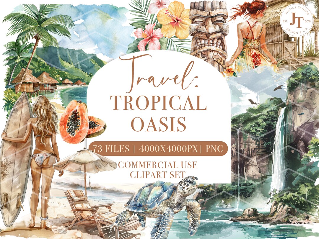Watercolor Tropical Hawaiian Clipart, Travel Clipart, Adventure, Summer ...
