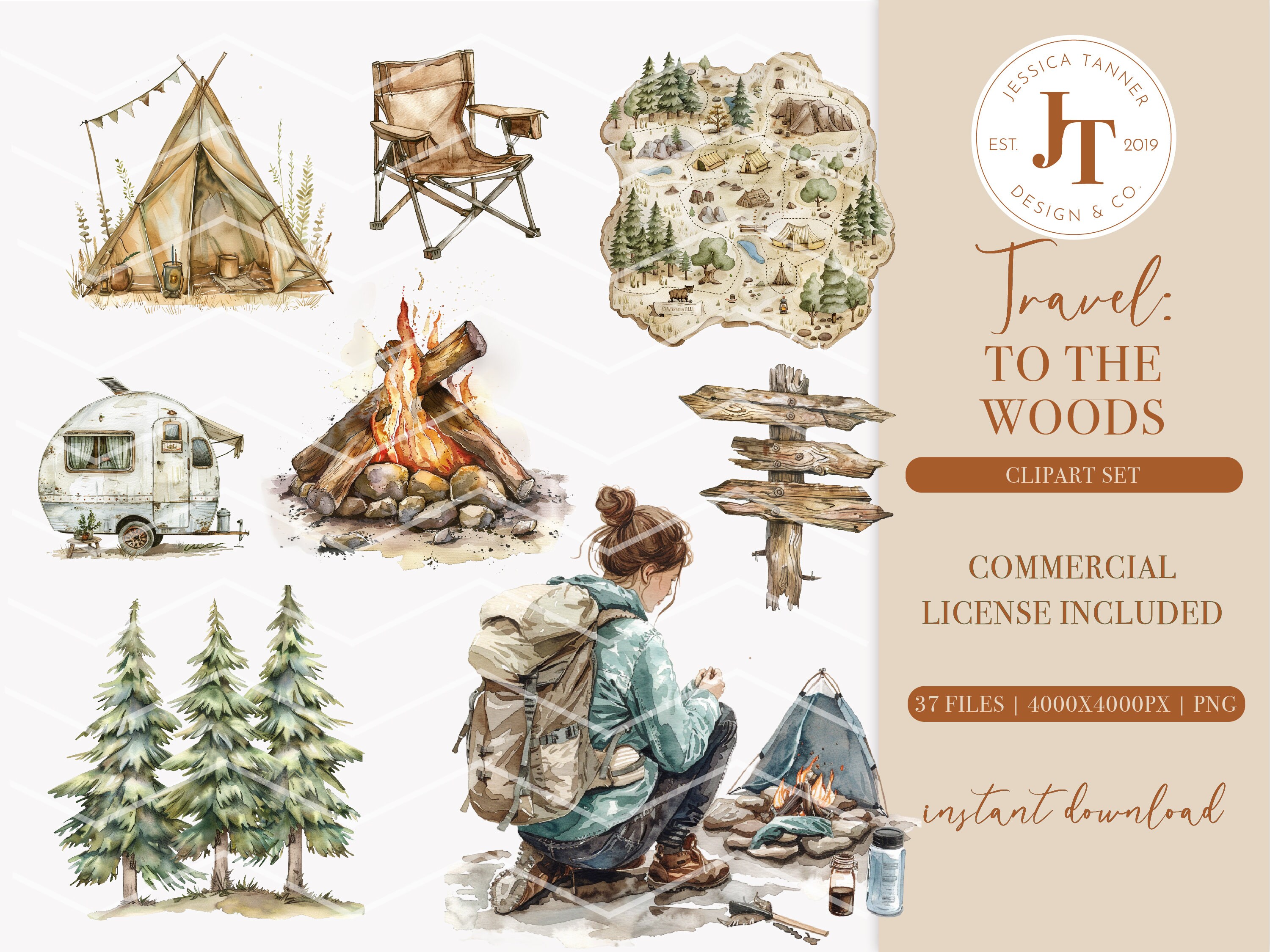 Watercolor Camping Clipart, Travel Clipart, Adventure, Summer Fall ...