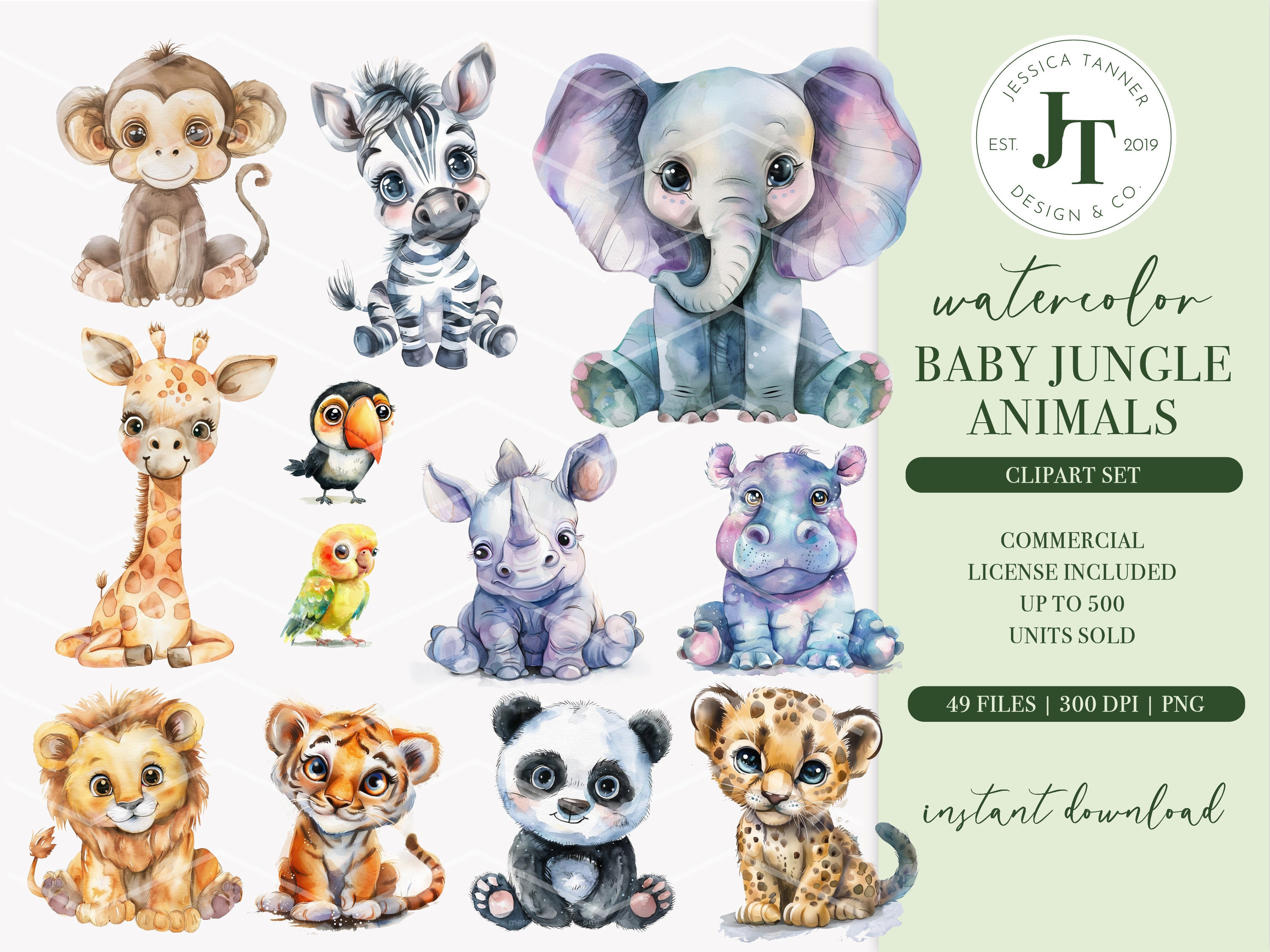Adorable Baby Jungle Animals Clipart Set, Pastel Watercolor Graphics ...