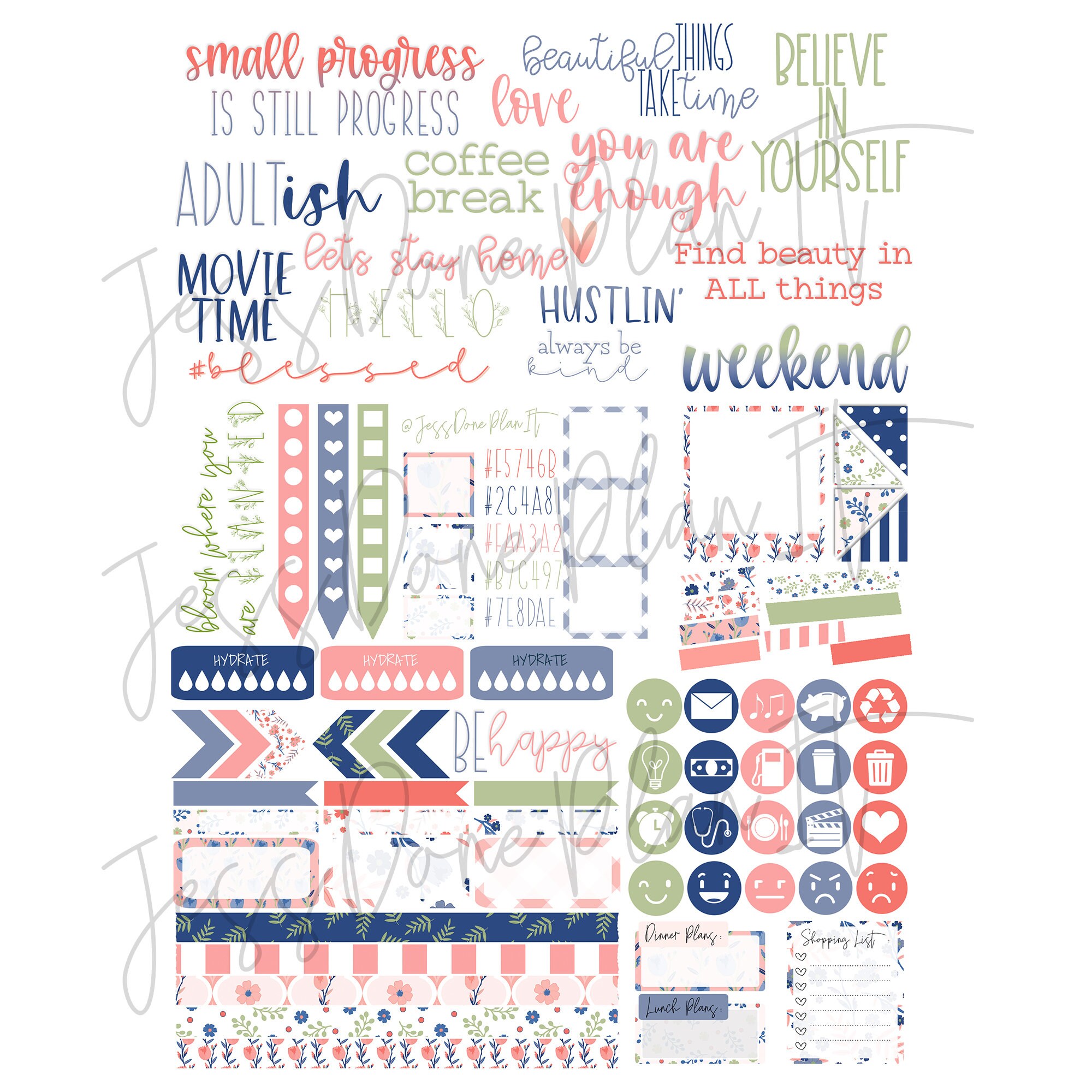 Blue Floral Digital Sticker Pack Planner Stickers Flower - Etsy