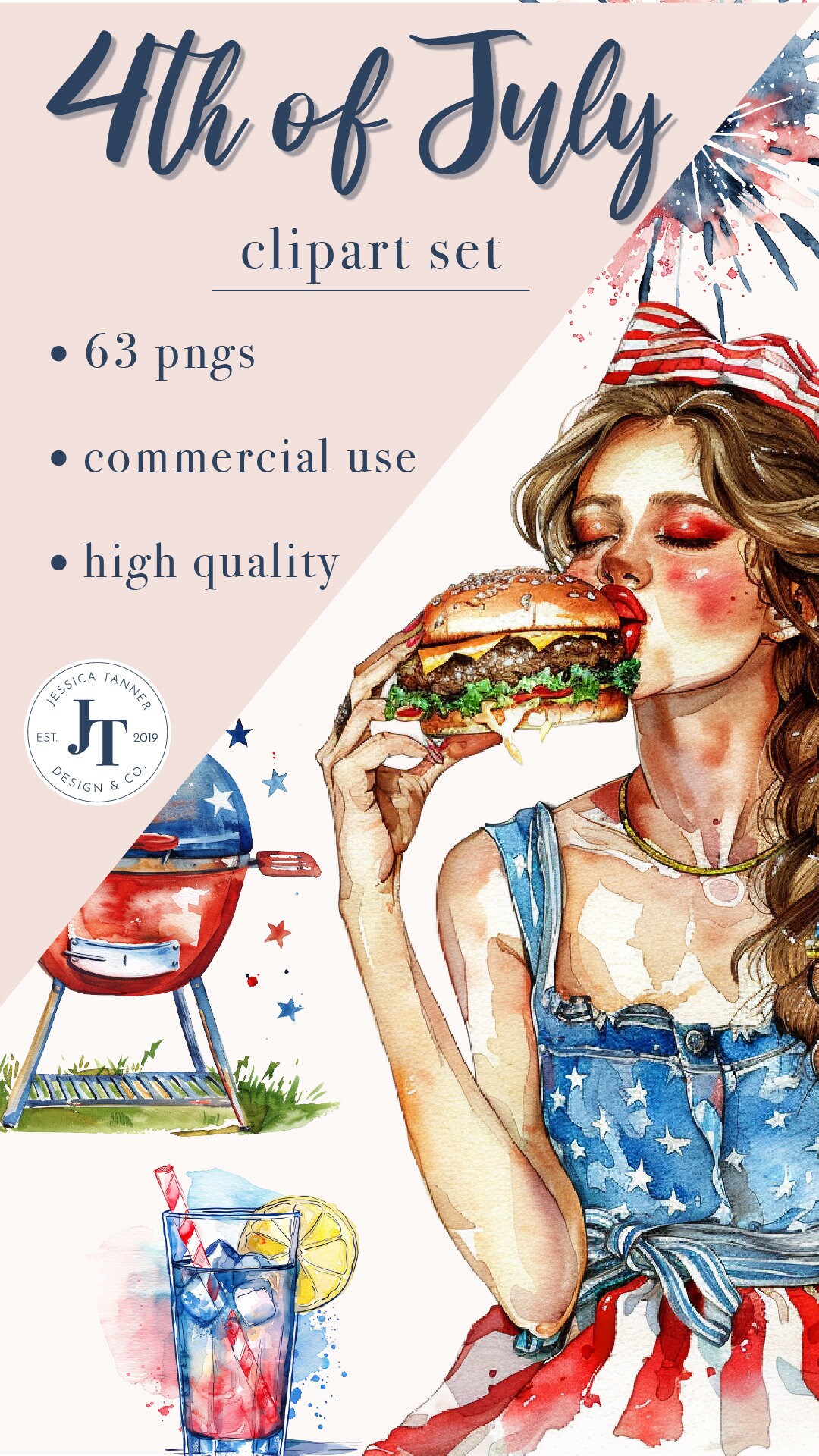 4th of July 63 Watercolor Clipart Bundle, Spring Summer Clipart ...