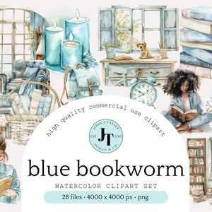 Booklover Clipart, Watercolor Bookworm, Book PNG, Blue Book Clipart ...