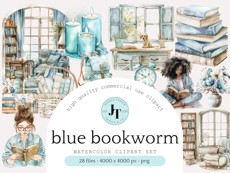 Booklover Clipart, Watercolor Bookworm, Book PNG, Blue Book Clipart ...