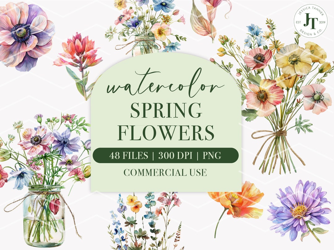 48 Wildflower Floral Clipart, Watercolor Spring Flowers, Spring PNG ...