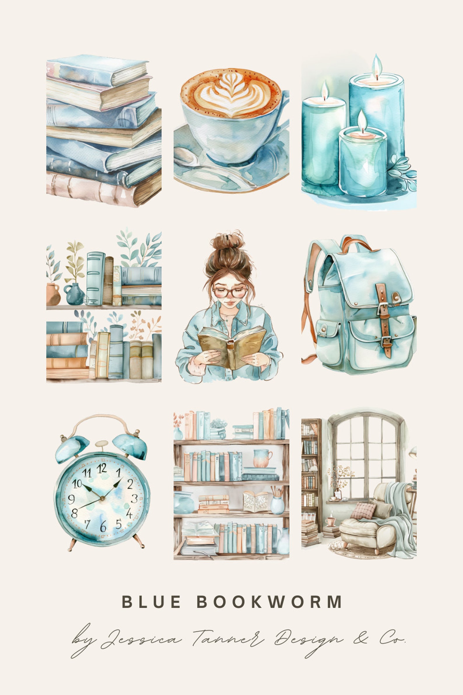 Booklover Clipart, Watercolor Bookworm, Book PNG, Blue Book Clipart ...