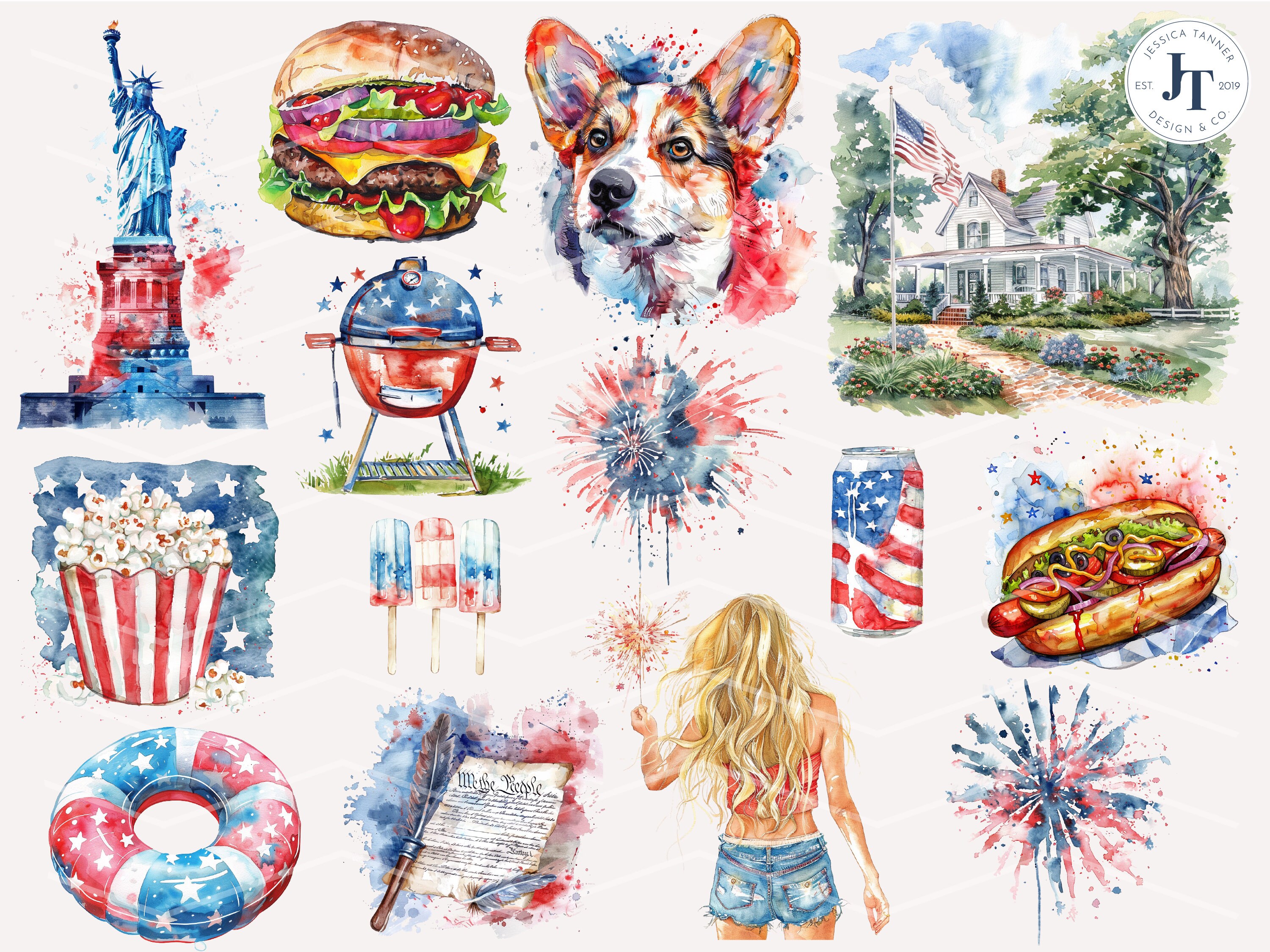 4th of July 63 Watercolor Clipart Bundle, Spring Summer Clipart ...