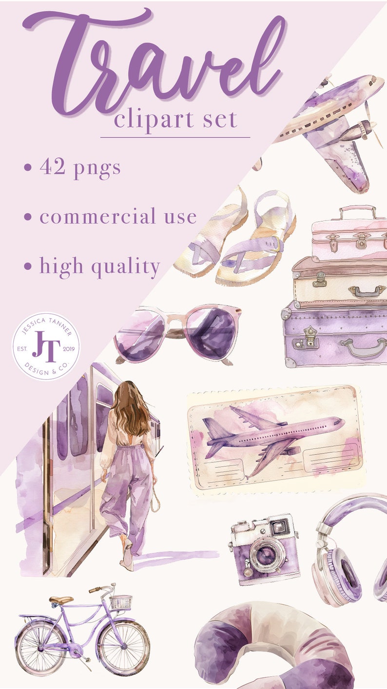 Purple Watercolor Travel Aesthetic Clipart, Girly Travel Around the ...